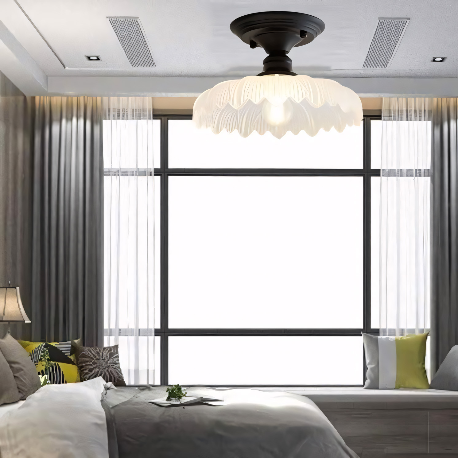 Farmhouse Ribbed Glass Semi Flush Mount Light | Retro Round Glass Flower Ceiling Light | Ping ...